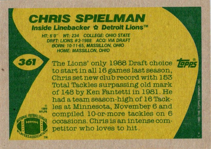 1989 CHRIS SPIELMAN TOPPS #361 ROOKIE RC OHIO STATE BUCKEYES DETROIT ...