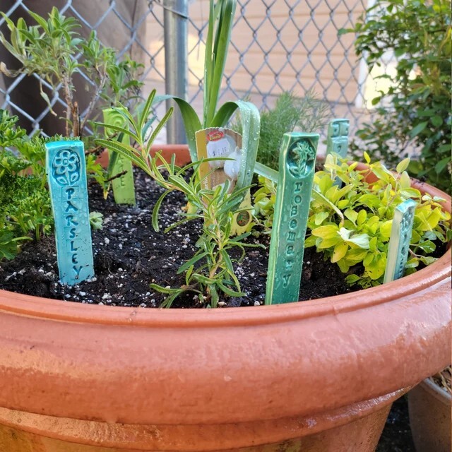 Set / 8 Ceramic Herb Stakes Ready to Ship Clay Garden Stake Texture Art ...