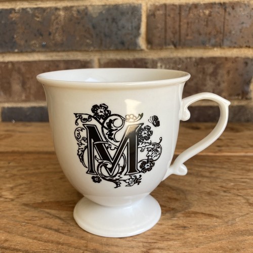 Anthropologie MISSUS Monogram Initial M White Floral Pedestal Footed ...