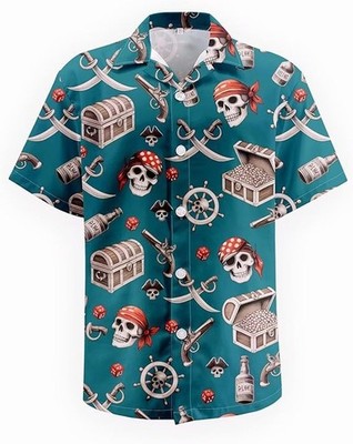 Pirate Skull Treasure Chest Shirt Caribbean Skeleton Rum Aloha Hawaiian ...