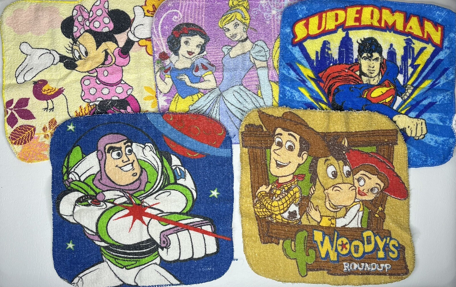 Lot Of 5 Washcloths Disney Buzz Woody Minnie Mouse Princess Superman ...
