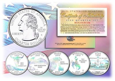 2007 HOLOGRAM U.S. MINT STATE QUARTERS * Complete Set of 5 Coins * with ...