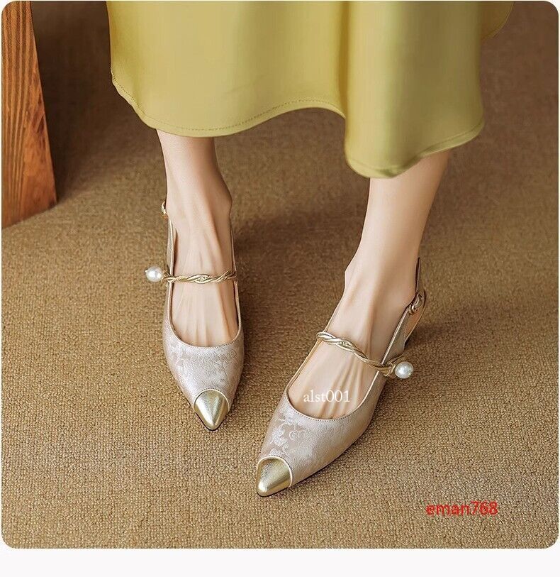 Women Chinese Style Pointed Toe Sandals Summer Kitten Heel Slingback ...