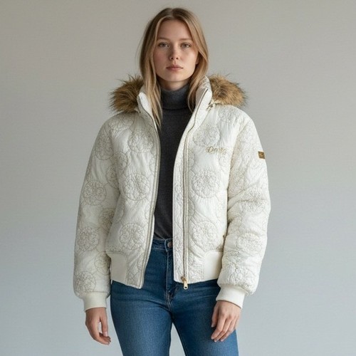 VTG Beyonce Dereon Puffer Jacket Womens XL Whtie Faux Fur Hooded ...
