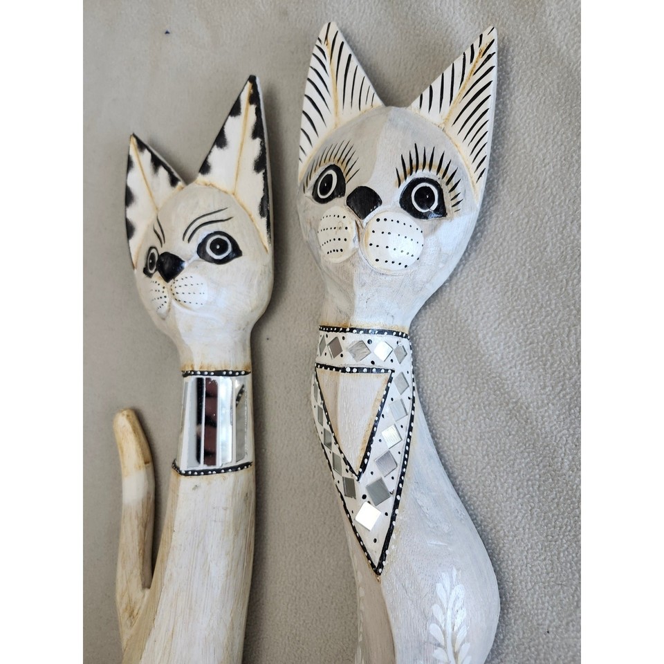 Set 2 Carved Tall Cat Wood Teak Figures White Mirrored Tile Hobo Hippy ...