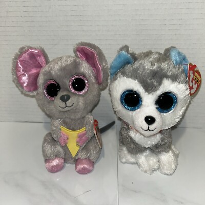 Wide Eye TY 6” Gray Mouse With Pink Ears and 6” Dog With Blue Eyes And ...