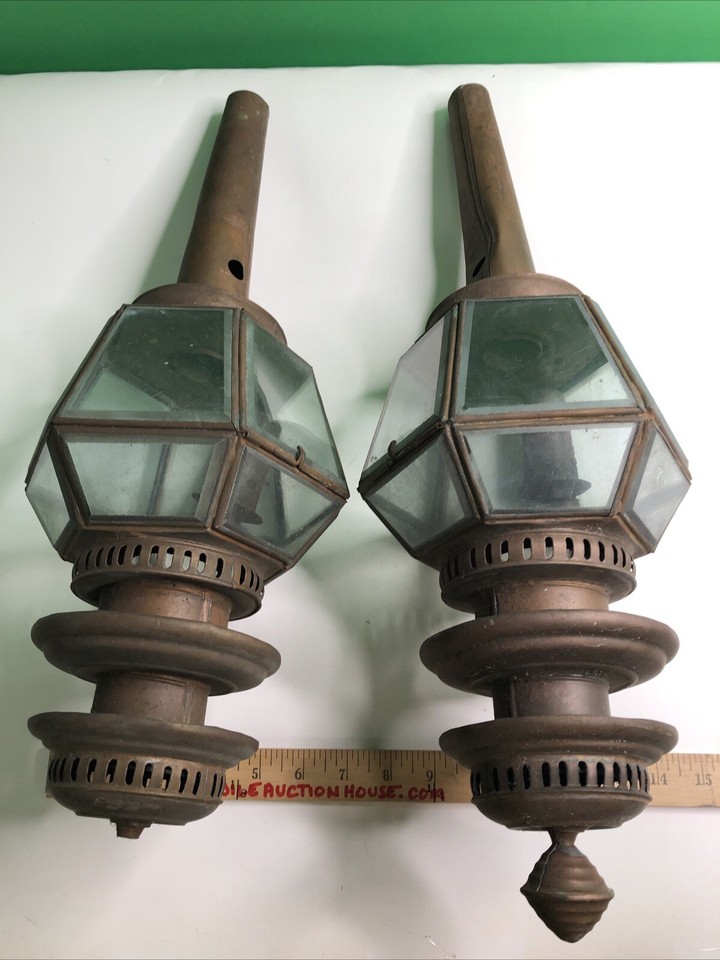 Pair Of Antique Copper Oil Carriage Lamps Buggy Lantern Lights Beveled ...