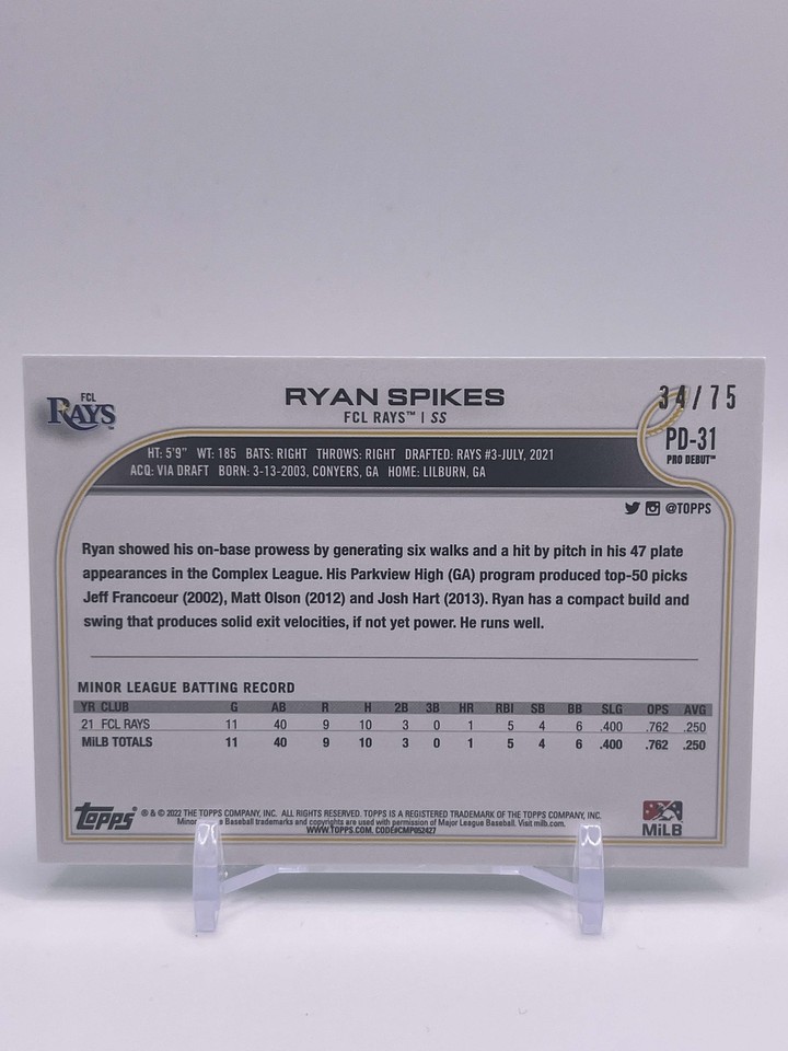Ryan Spikes 2022 Topps Pro Debut Aqua Parallel /75 #PD-31 Tampa Bay ...