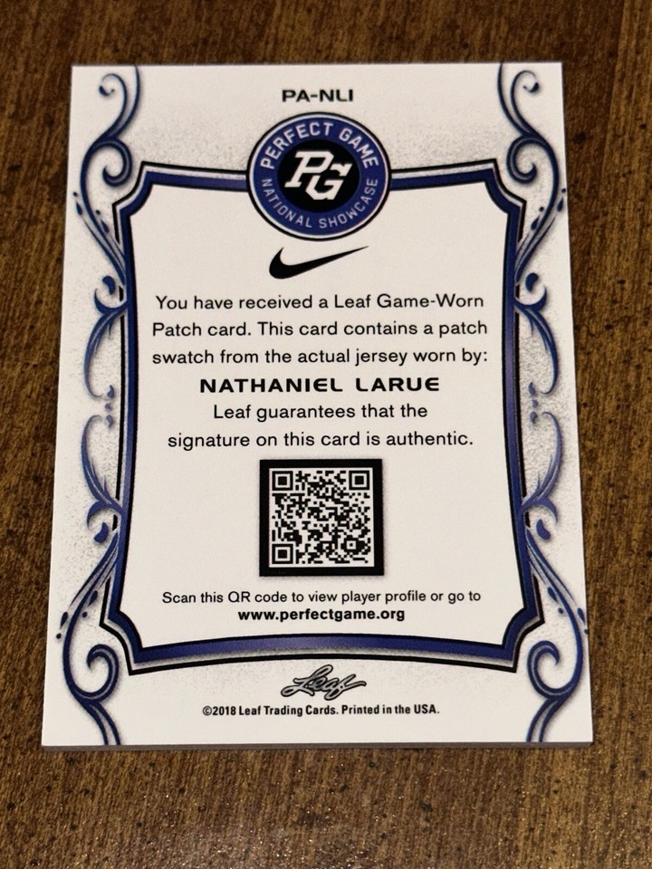 NATE LARUE 2018 LEAF PERFECT GAME JERSEY PATCH AUTO #17/25 AUBURN, BLUE ...