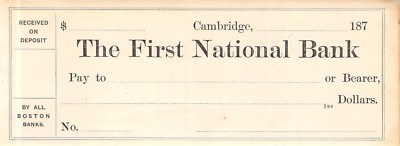 1870s CAMBRIDGE BOSTON FIRST NATIONAL BANK CHECK RECEIPT | eBay