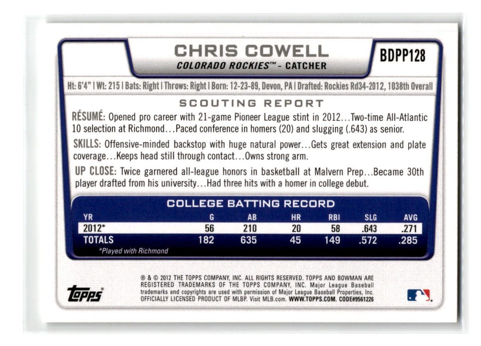 2012 Bowman Draft Picks & Prospects - #BDPP128 - Chris Cowell - Rockies ...