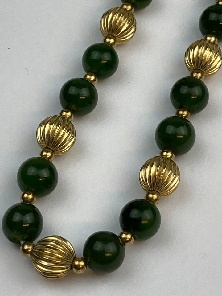 Jade Nephrite Bead Necklace 14" 1/20 12ct Gold Clasp & Gold ...