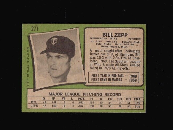 1971 Topps #271 BILL ZEPP Twins NMMT | eBay