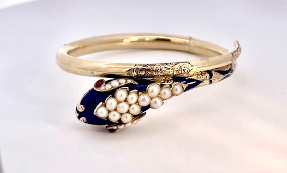 14K Cobalt Blue Enamel Snake Bracelet with Pearls | eBay