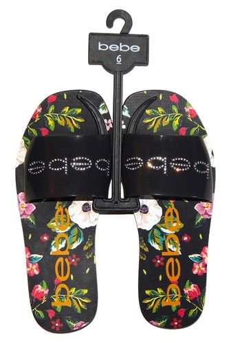 bebe LILIANA Black Floral Slides Black Pool Beach Sandals Women's Size ...