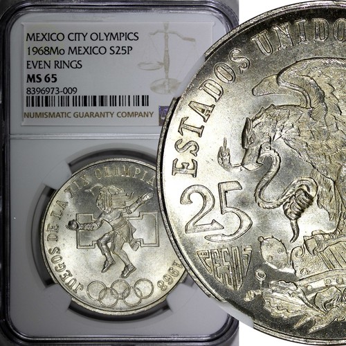 MEXICO Silver 1968 Mo 25 Pesos NGC MS65 Olympic Games Even Rings KM ...
