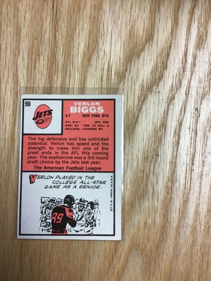1966 Topps Football Verlon Biggs New York Jets Card #90 | eBay