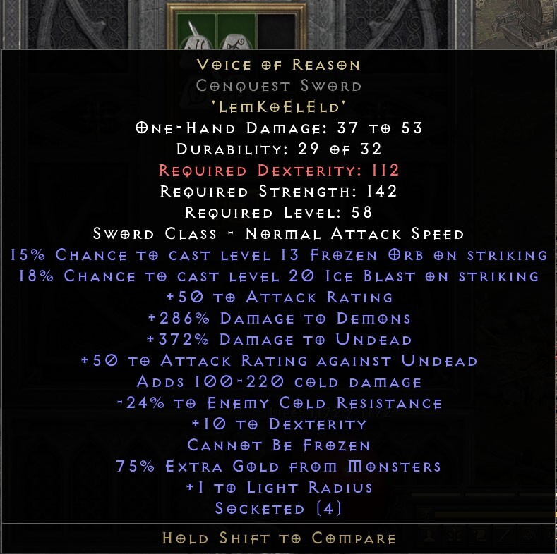 Diablo 2 Resurrected D2R NON-LADDER Voice of Reason Conquest Sword Rune ...