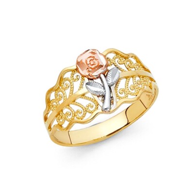 14K Solid Tri Color Gold Rose Flower Ring Band Womens Fancy Fashion ...