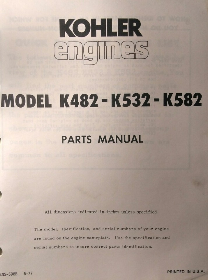 Kohler K482 K532 K582 Engine Owner & Parts (2 Manual s) Garden Tractor ...