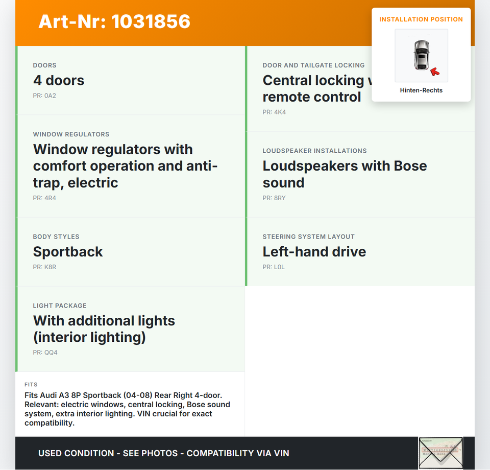 Harness for Door and Window Lift Rear Right Audi A3 8P 04-08 ...