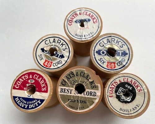 6 Med Vintage Miscellaneous Coats & Clark Paper Label Empty Wooden ...