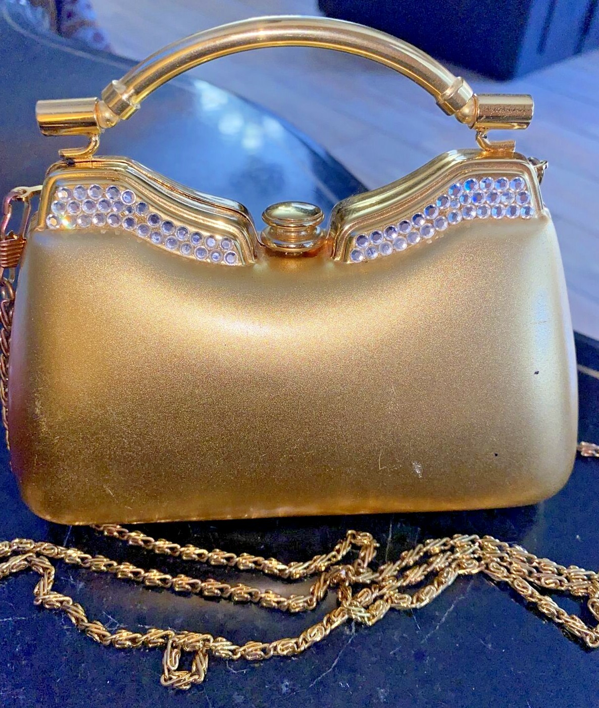Vintage Gold Metal Clutch w/ Strap RHINESTONE DETAIL VELVET LINING WELL ...
