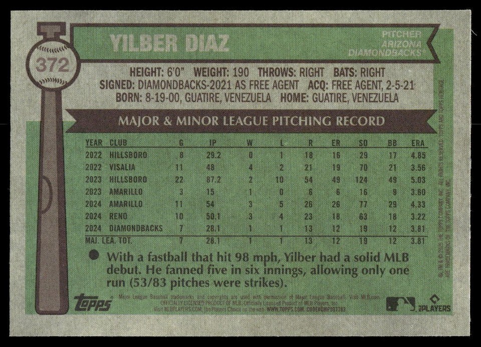 2025 Topps Heritage Light Blue Sparkle #372 Yilber Diaz Arizona ...