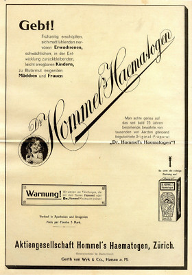 A.G.Hommel's Haematogen Zürich WARNUNG VOR FÄLSCHUNG XXL Ad von 1913 ...