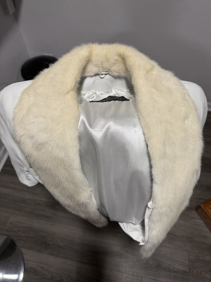 Henig Furs Long Leather Coat with Cream Fur Trim Women | eBay