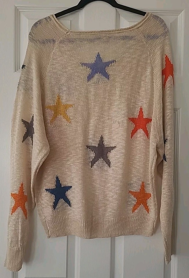 BLANK PAIGE Women's Light Knit Loose Fit Sweater Red White Blue Star ...