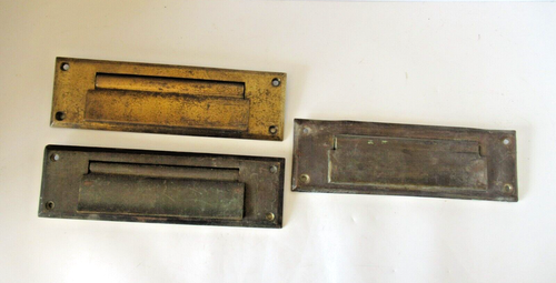 Lot of 3 vintage brass flush mounting door mail slots with flap one has ...