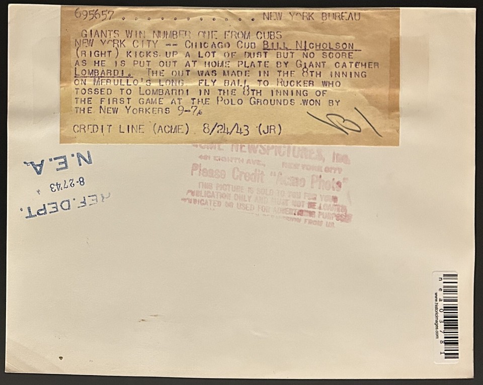 1943 Photo Type 1-NY Giants Ernie Lombardi Tags Out Chicago Cubs Bill ...