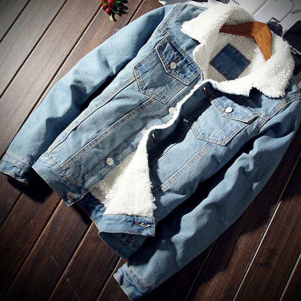 Mens Winter Thermal Sherpa Lined Blazer Denim Jacket Jeans Tops Coat ...