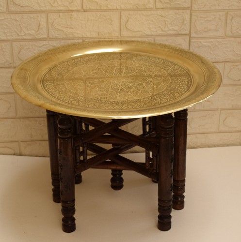 Handmade Moroccan 24" Round Brass Tray Coffee Tea Table with folding ...