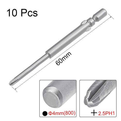10 Pcs 4mm Round Shank 60mm Length 2.5mm PH1 Magnetic Screwdriver Bits ...