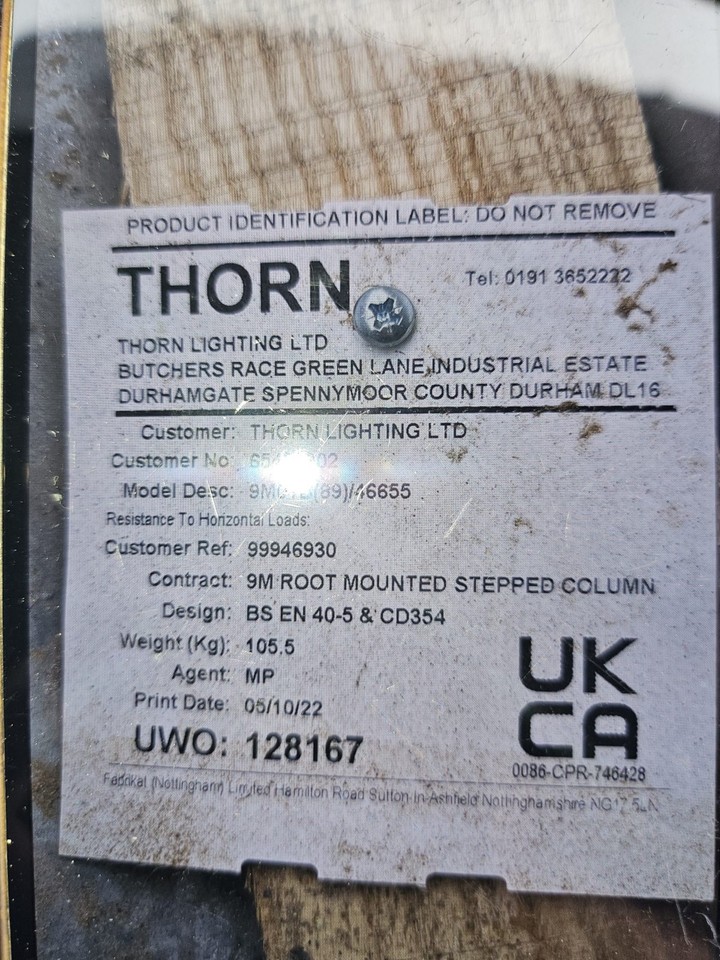 1x Thorn Lighting Lamp Post / Cctv Pole 9m Root Mounted Stepped Column ...