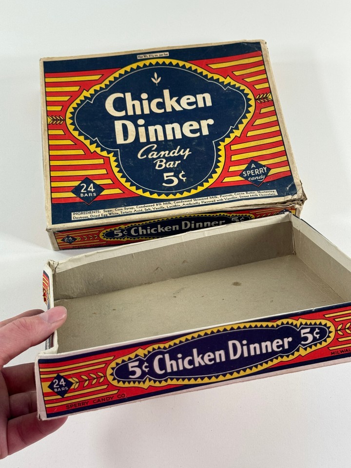 RARE 1920's Original Chicken Dinner Candy Bar 5 cent BOX nice see pics ...