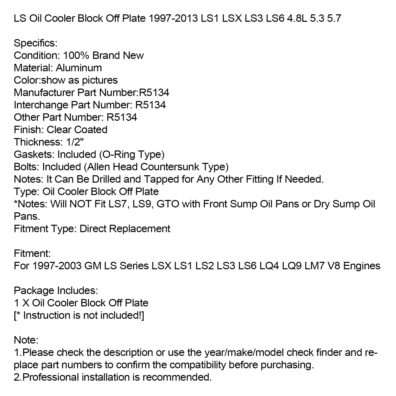 LS Oil Cooler Block Off Plate For LS1 LSX LS3 LS6 4.8L 5.3 5.7 1997 ...
