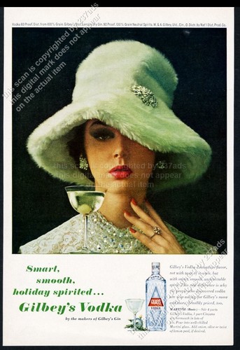 1963 woman in green fuzzy hat photo Gilbey's Vodka vintage print ad | eBay