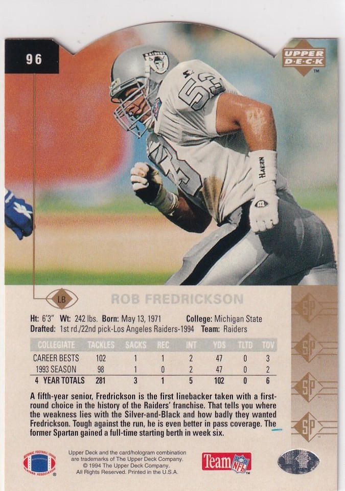 1994 SP DIE CUTS ROB FREDRICKSON OAKLAND LA RAIDERS UPPER DECK FOOTBALL ...