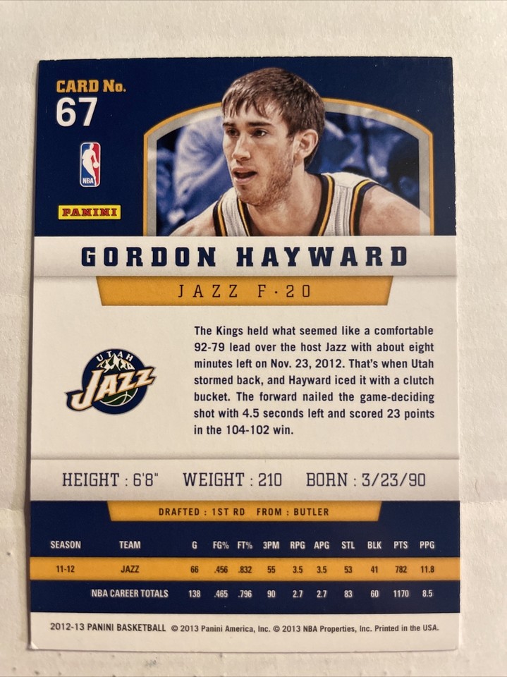 2012-13 Panini Gordon Hayward Autographed Card #67 Utah Jazz CB675 | eBay