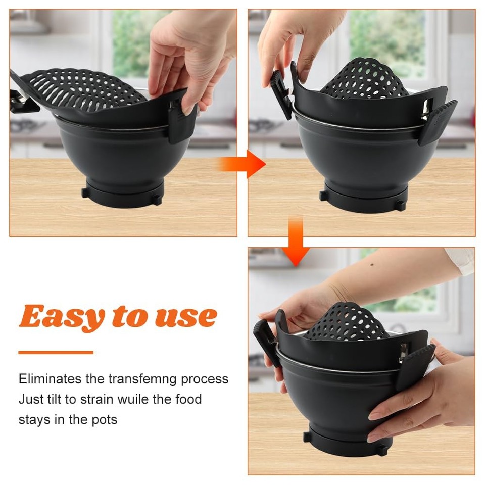 Clip on Strainer with Scraper Silicone Pasta Colander Pot Pan Universal ...