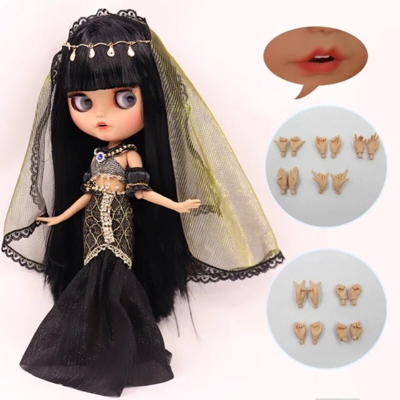 Blythe Doll Pouting Mouth BJD Outfit Black Hair Matte Face Tan Skin ...