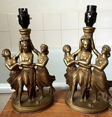 vintage pair of the classical three muses table lamps gilt plaster ...