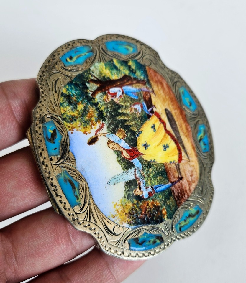 Antique Italian 800 Sterling Silver Compact Pastoral Scene Enamel ...