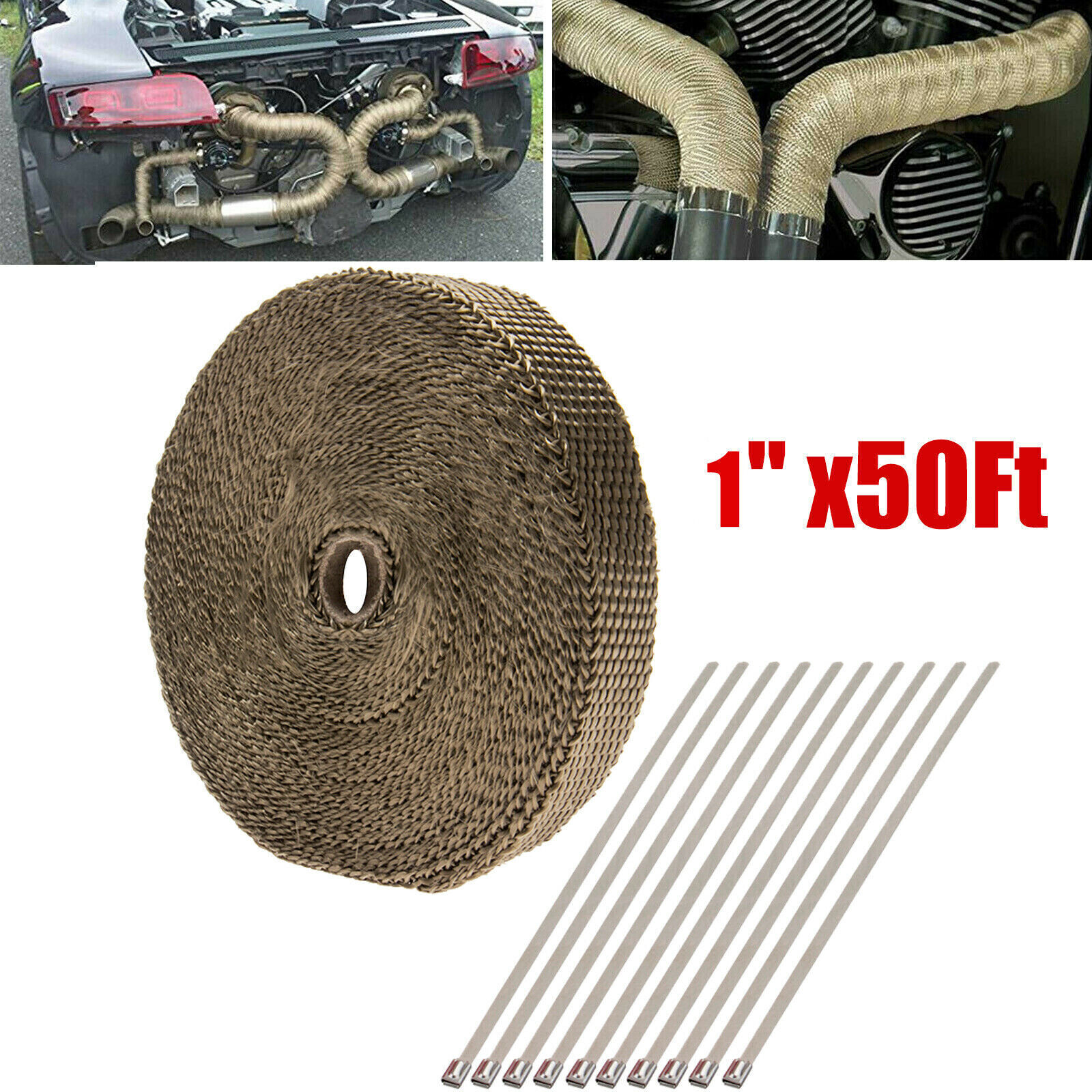 Roll x 1" 50ft 1Pack Titanium Header Manifold Exhaust Heat Wrap Tape ...