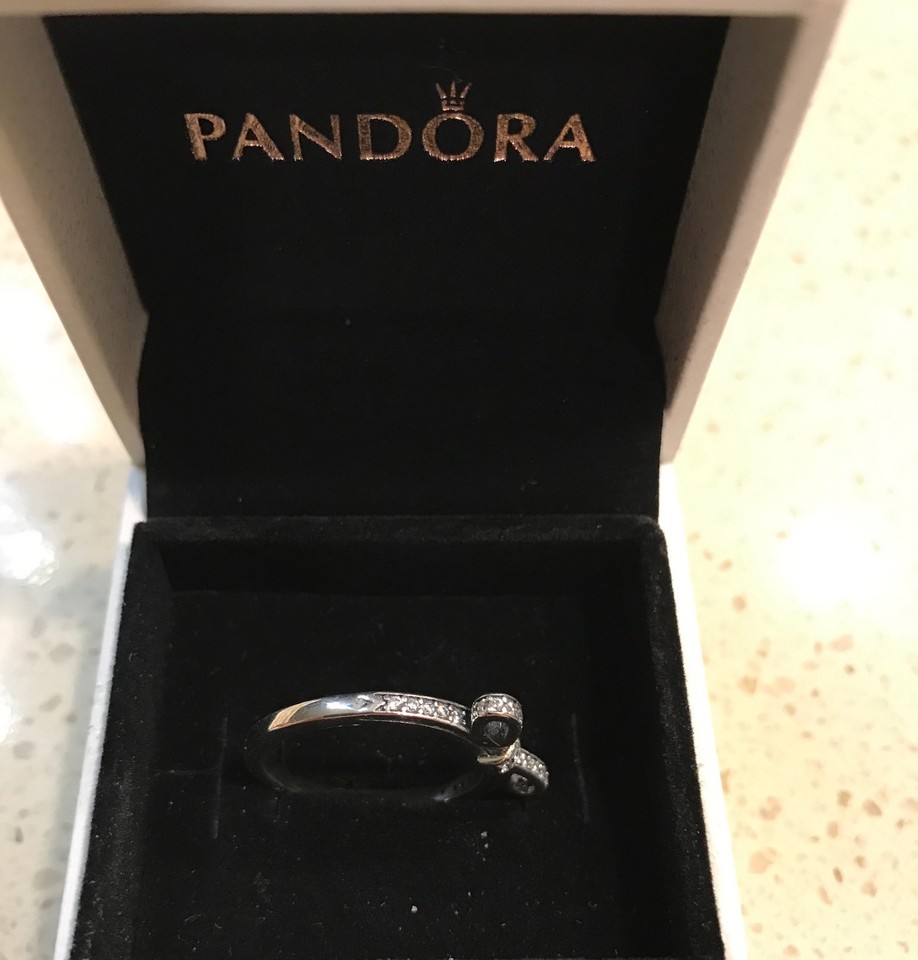 Pandora Sparkling Bow Ring #190906CZ +PANDORA HINGED BOX +POLISH CLOTH ...