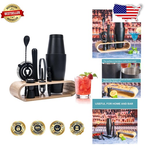 Elegant Matte Black 10-Piece Cocktail Shaker Kit with Bamboo Stand ...