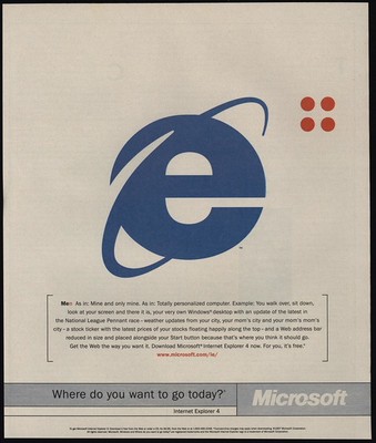 1997 MICROSOFT INTERNET EXPLORER 4 e Logo VINTAGE AD | eBay